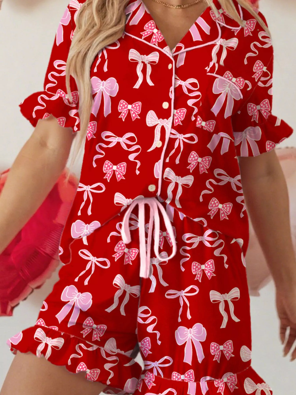 Bow Print Ruffled Short Sleeve Shirt and Shorts 2pcs Pajama Set ...